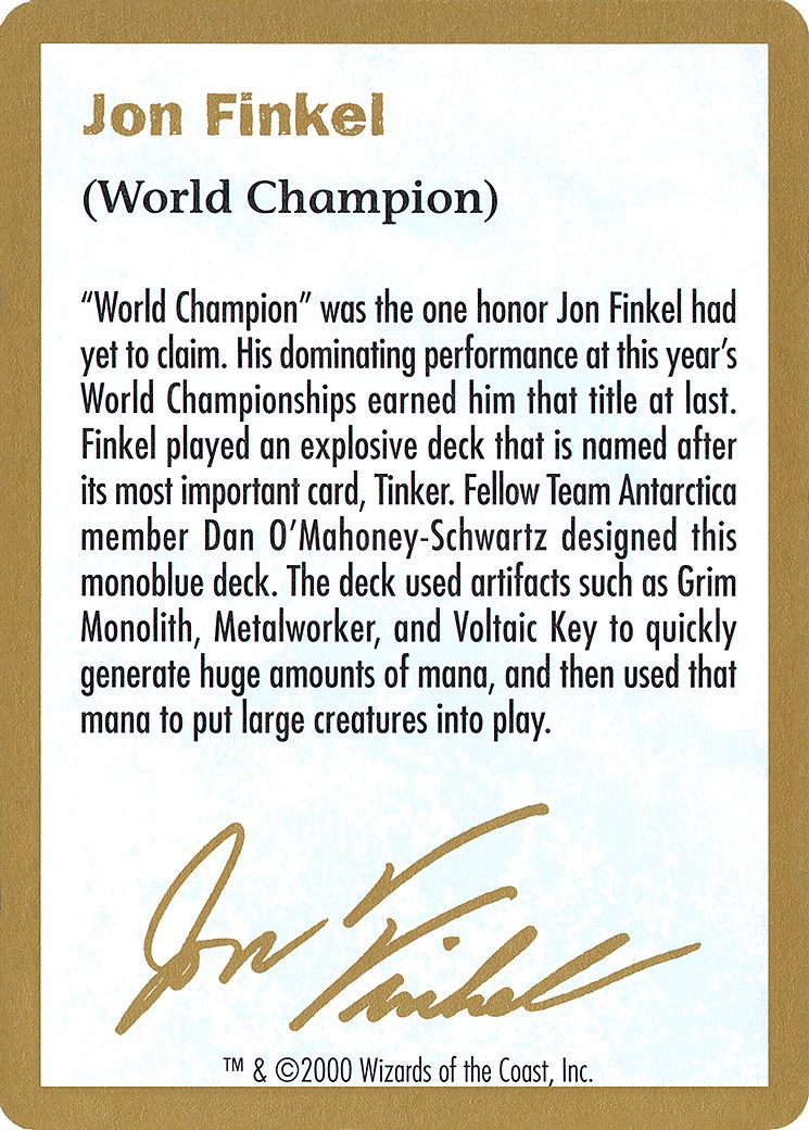 2000 Jon Finkel Biography Card - World Championship Decks - Magic: The ...