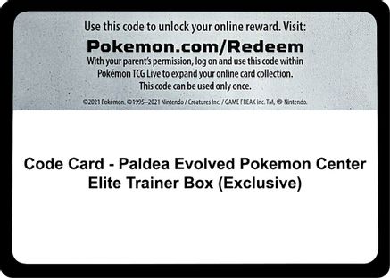 Code Card - Paldea Evolved Pokemon Center Elite Trainer Box (Exclusive) - SV02: Paldea Evolved ...